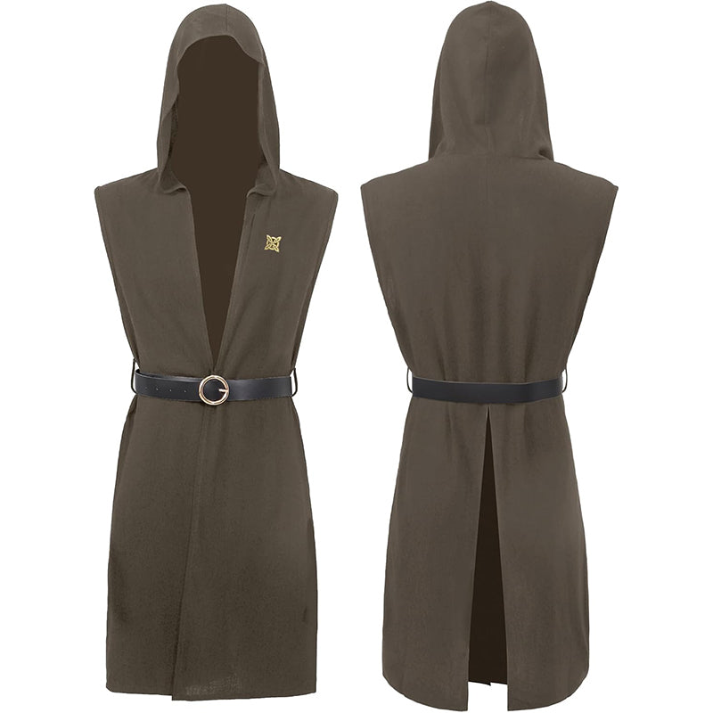 Men Renaissance Vest Medieval Hooded Surcoat LARP Sleeveless Tunic Tab ...